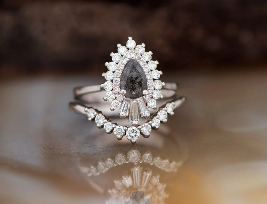 sunburst engagement ring with wedding band