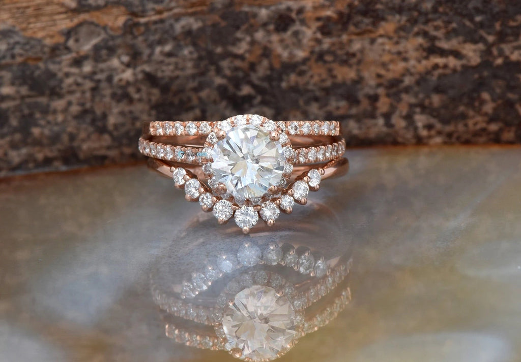 Rose gold Cluster wedding ring set-Wedding sets women rings-Diamond en
