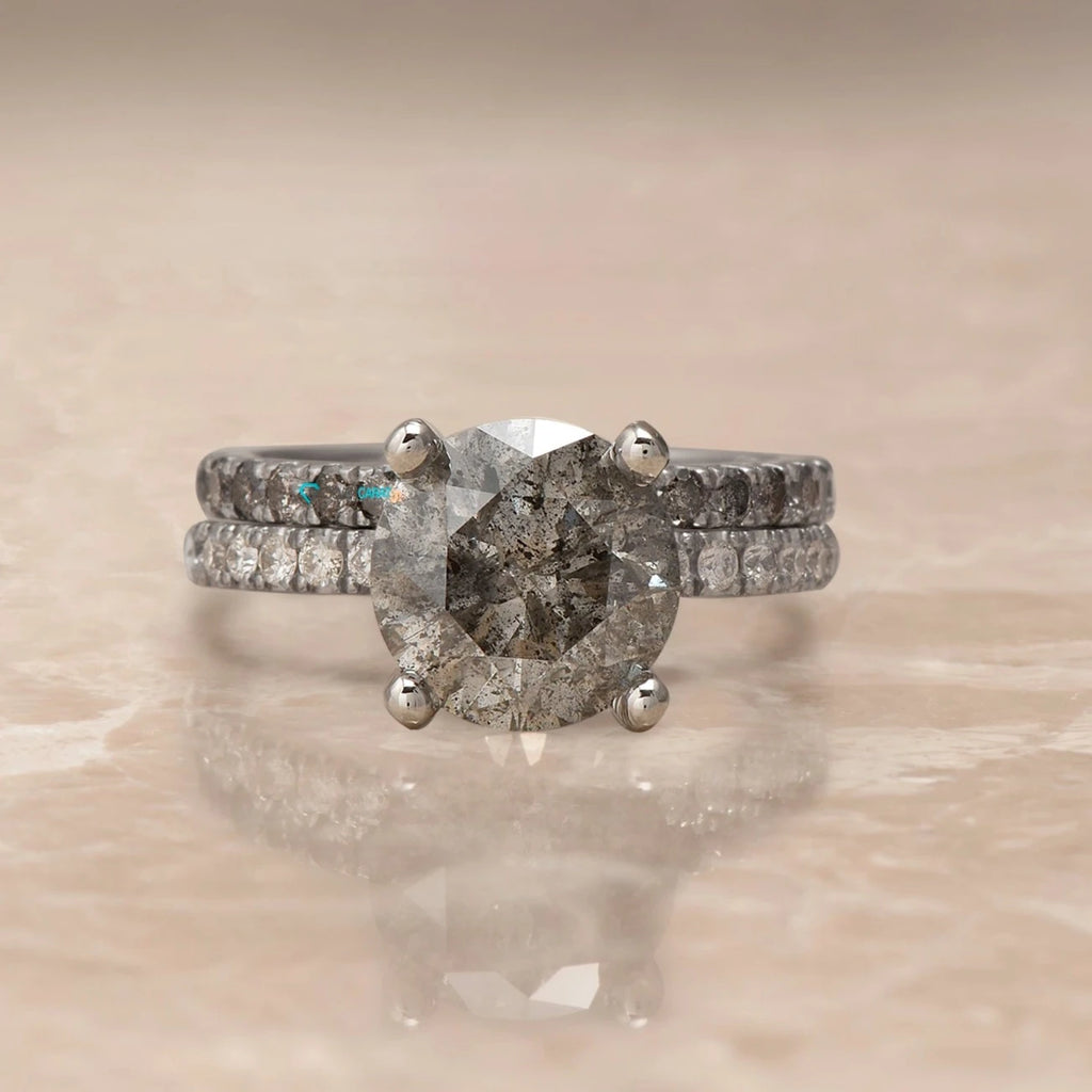 4 ct Salt and Pepper diamond ring with matching pave diamond wedding band
