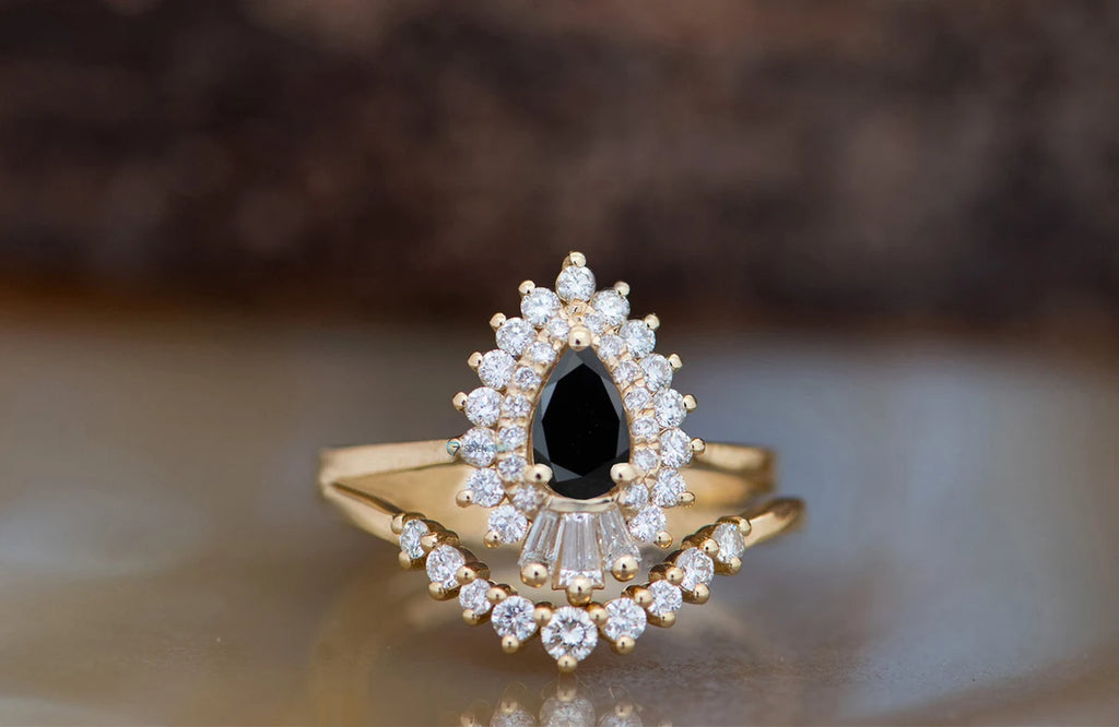 1.15 ct black diamond vintage inspired wedding set with pear and ...